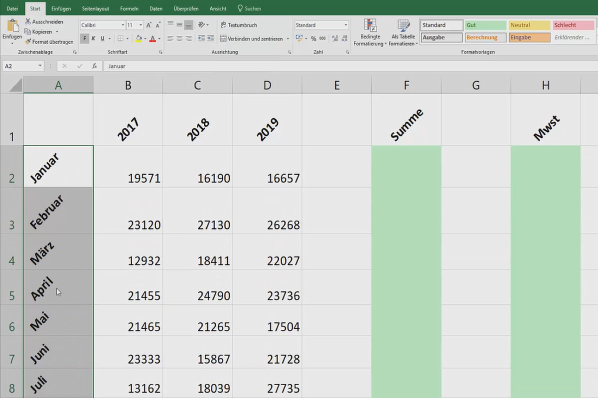 Excel-Tutorial: Tabellen-Design, Pivot, Diagramme, Präsentation