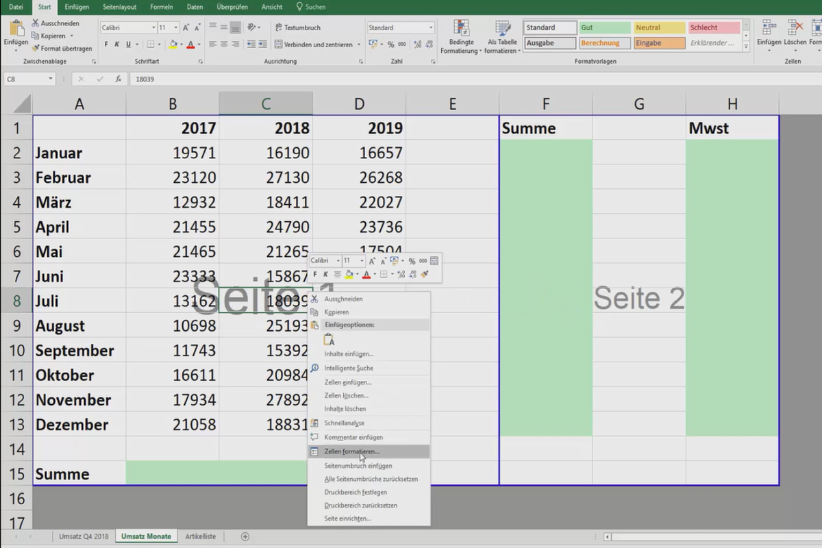 Excel-Tutorial: Tabellen-Design, Pivot, Diagramme, Präsentation