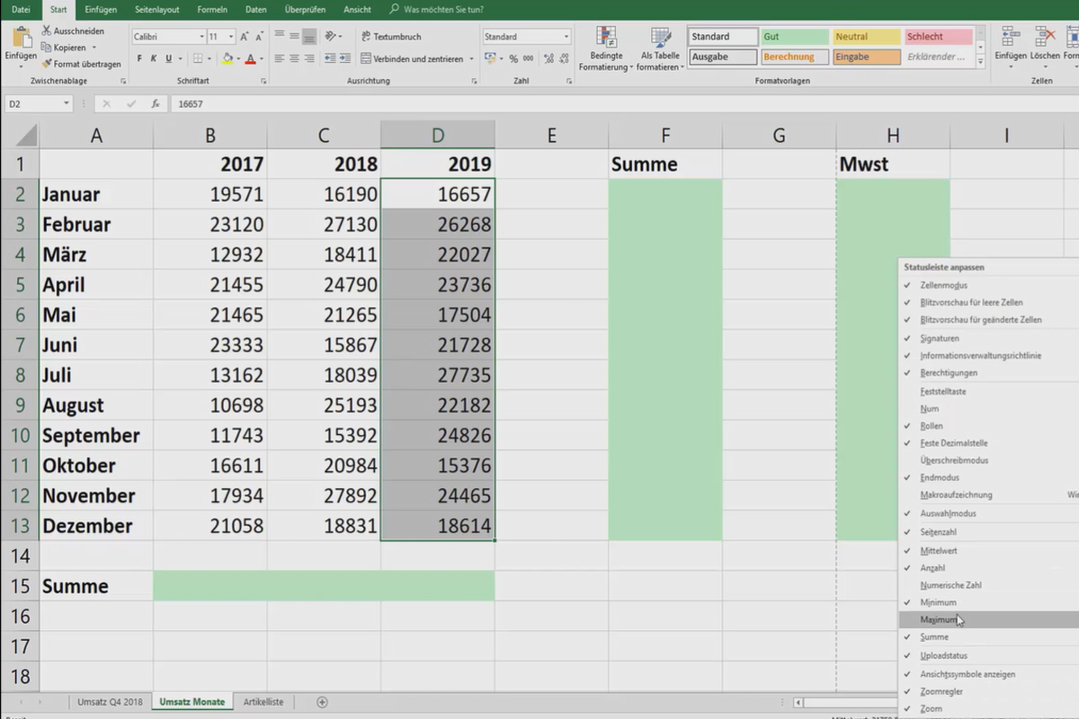 Excel-Tutorial: Tabellen-Design, Pivot, Diagramme, Präsentation