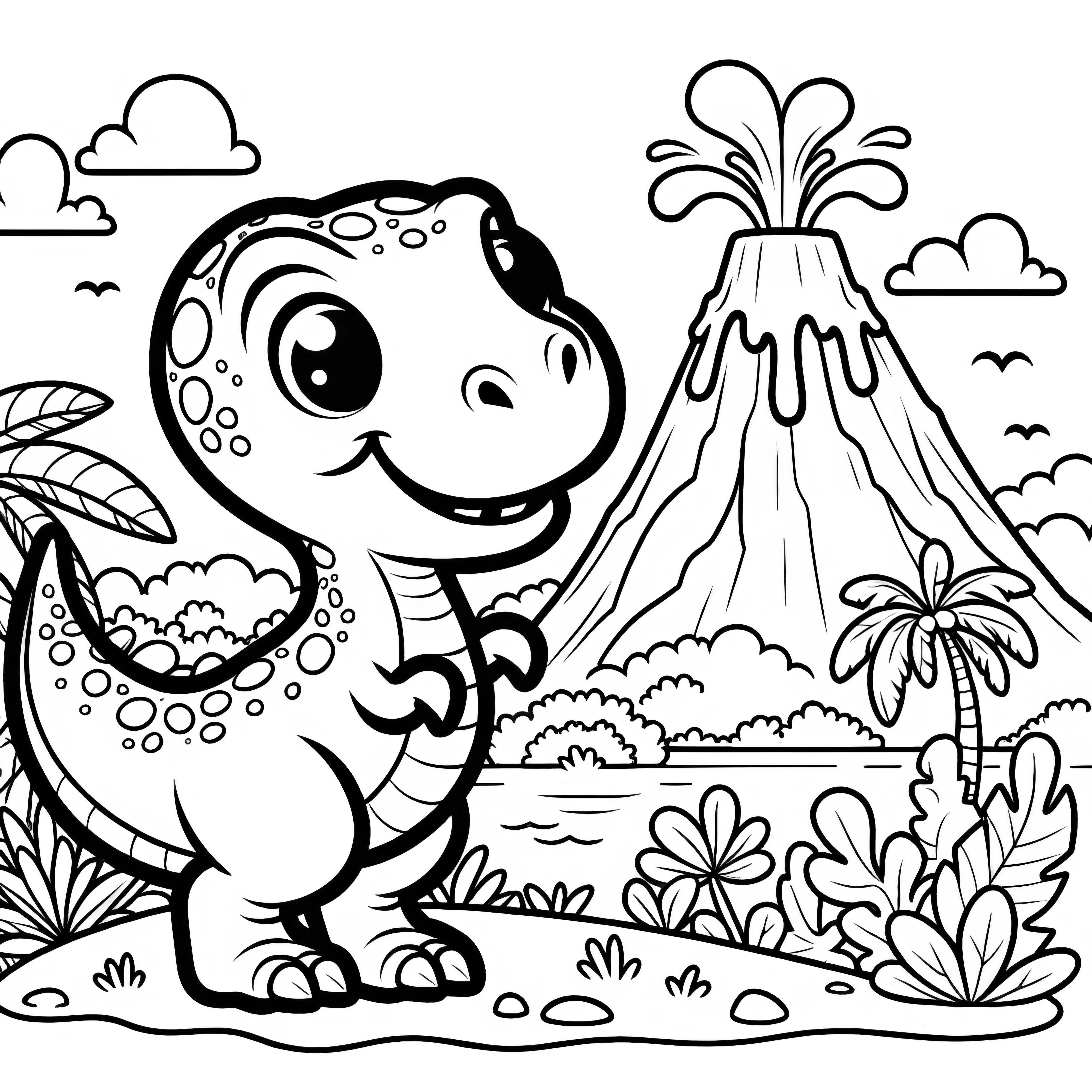 Baby T-rex & vulcano: disegno da colorare da scaricare