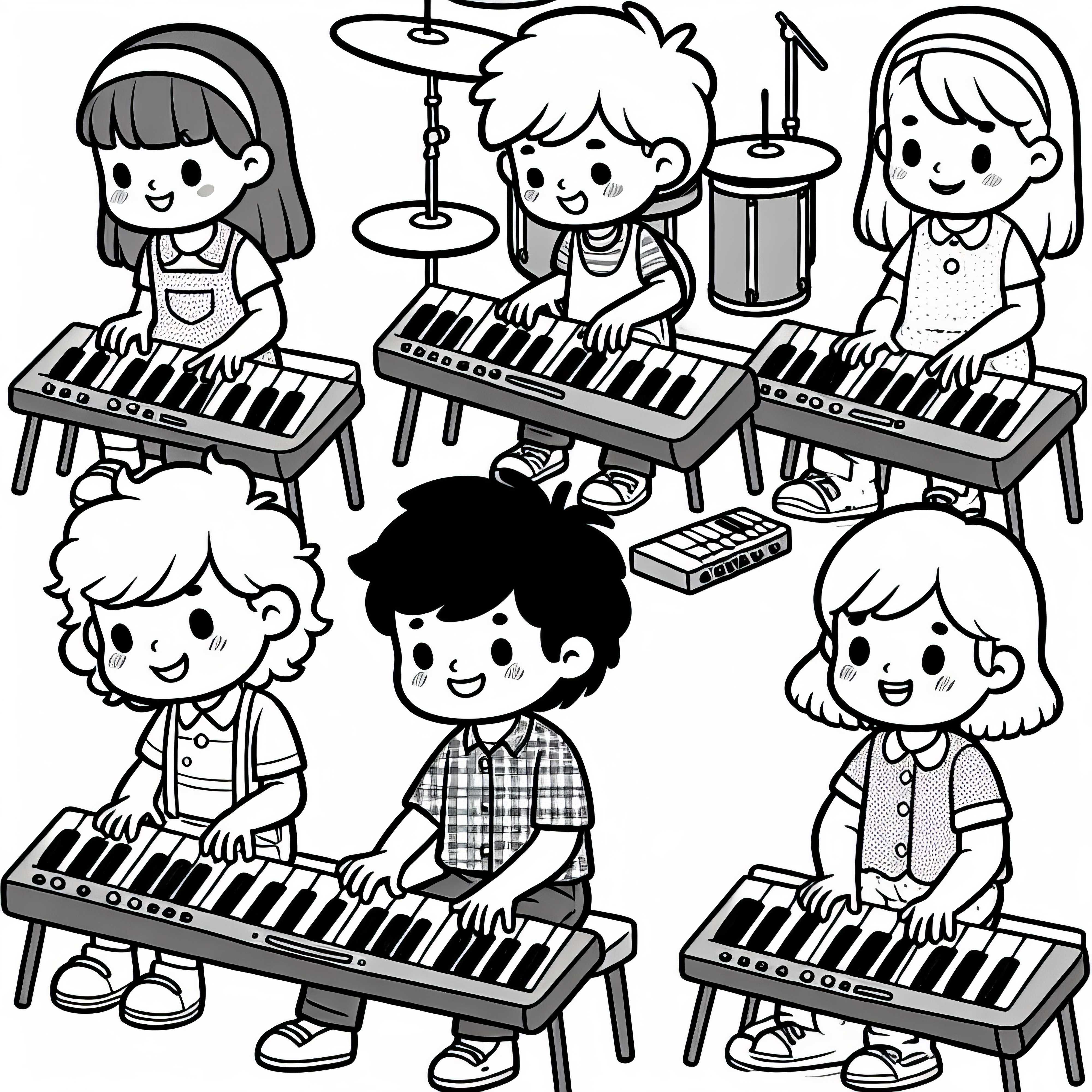 Children playing keyboard instruments coloring page free