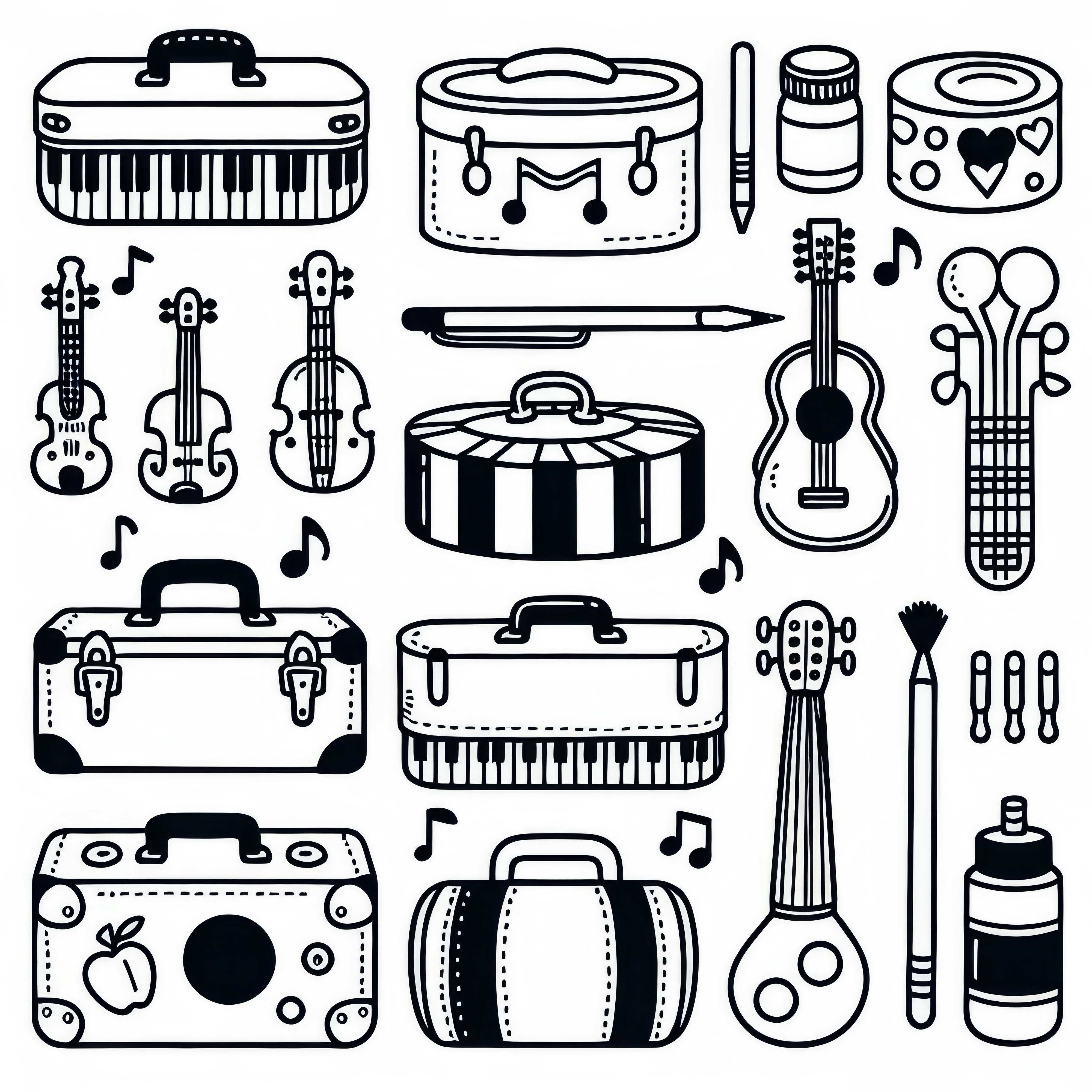 Coloring page accessories boxes for small parts and musical instruments ...