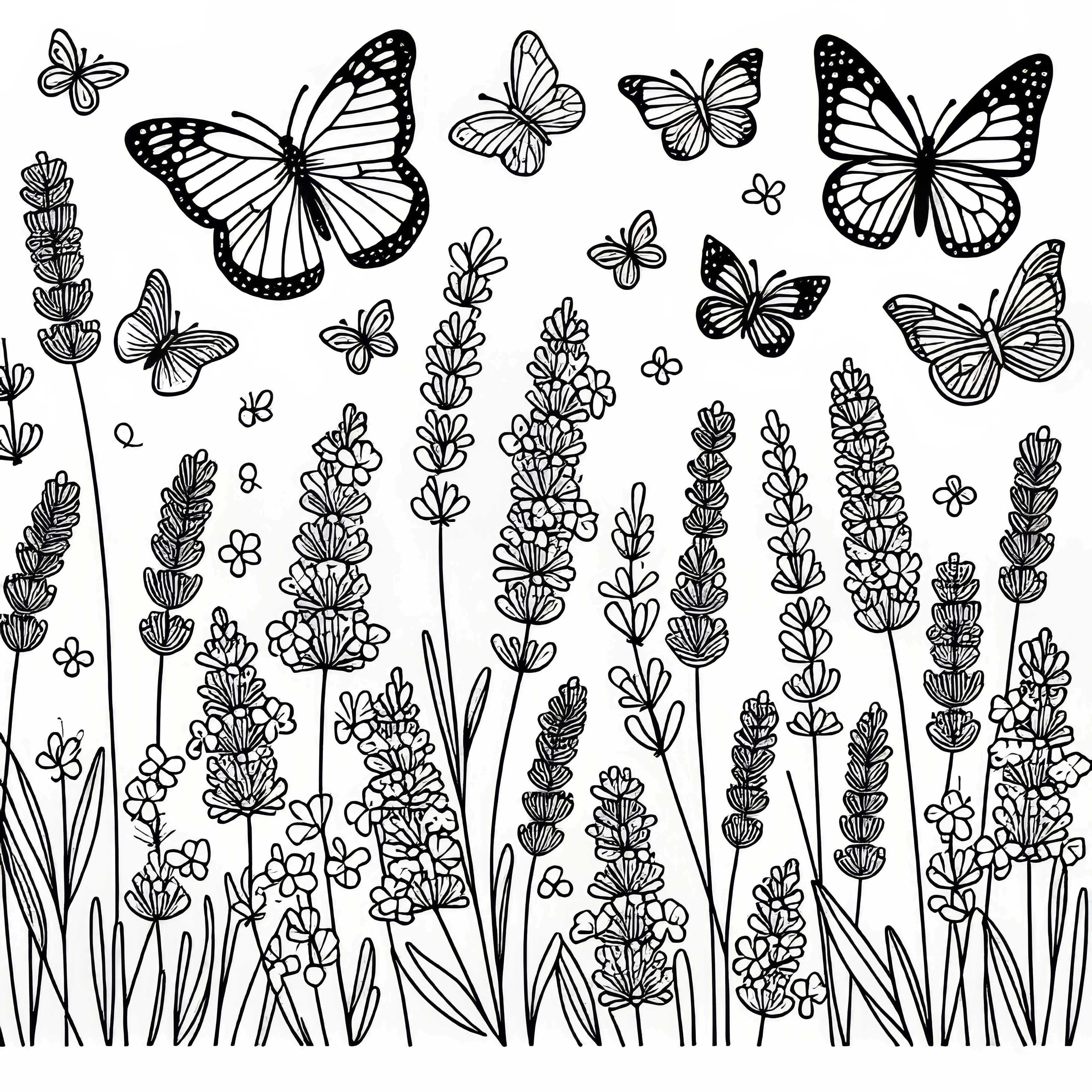 Lavender field with fluttering butterflies - free coloring page