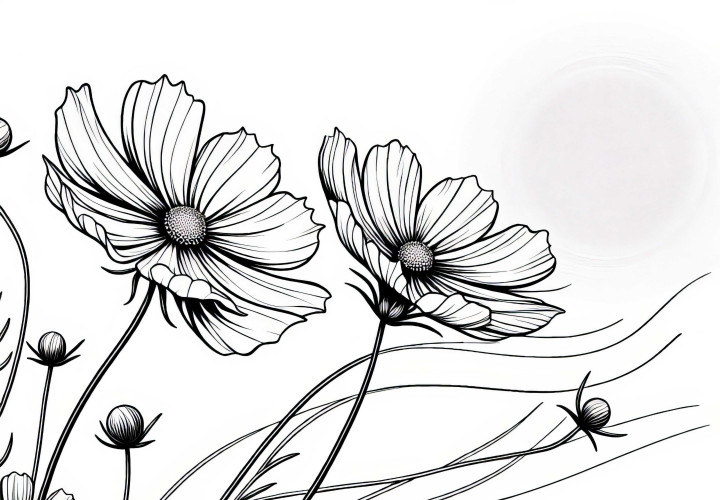 Cosmea-Blüten im Wind – Ausmalbild kostenlos