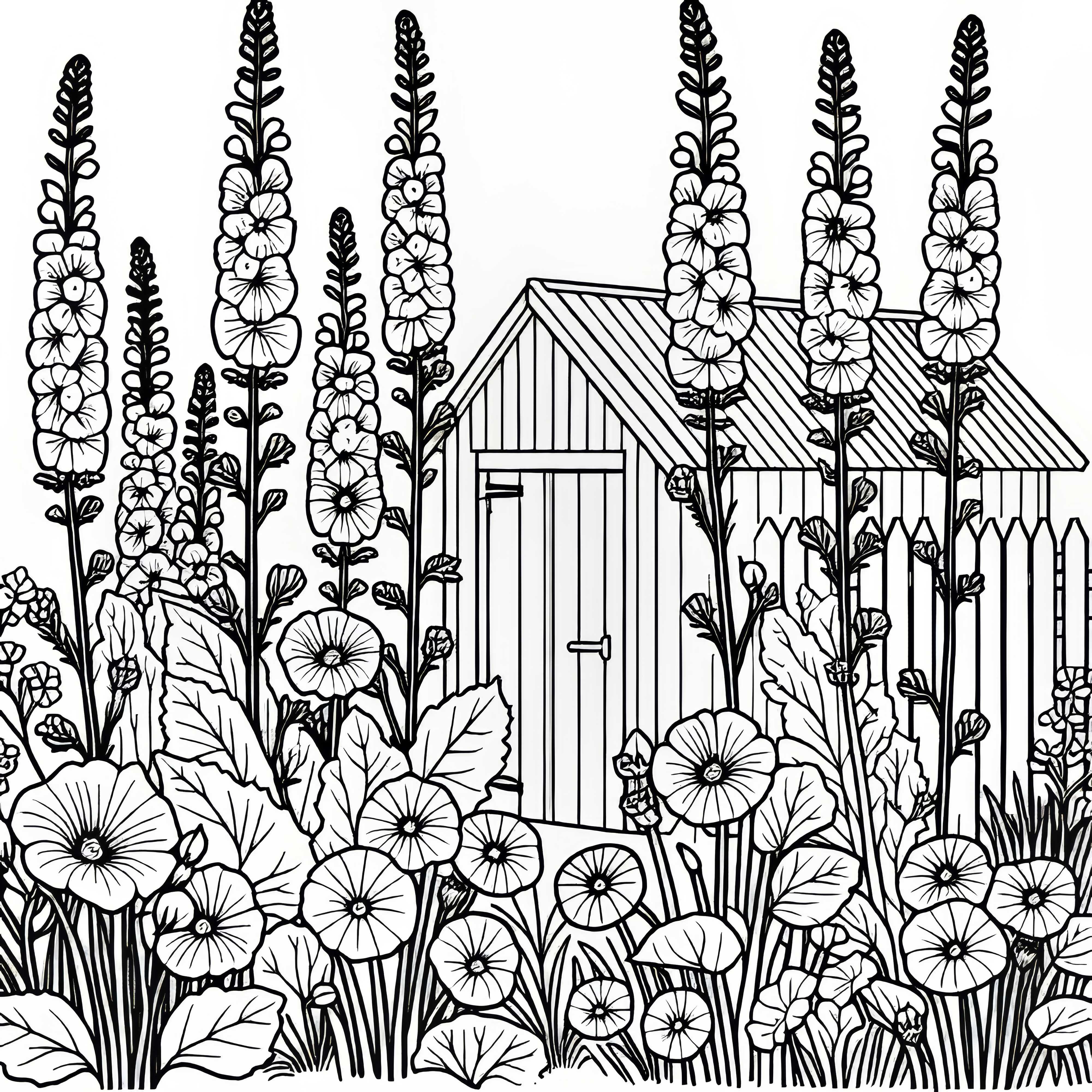 Tiges de grande mauve devant le chalet de jardin, coloriage fleur d'été ...