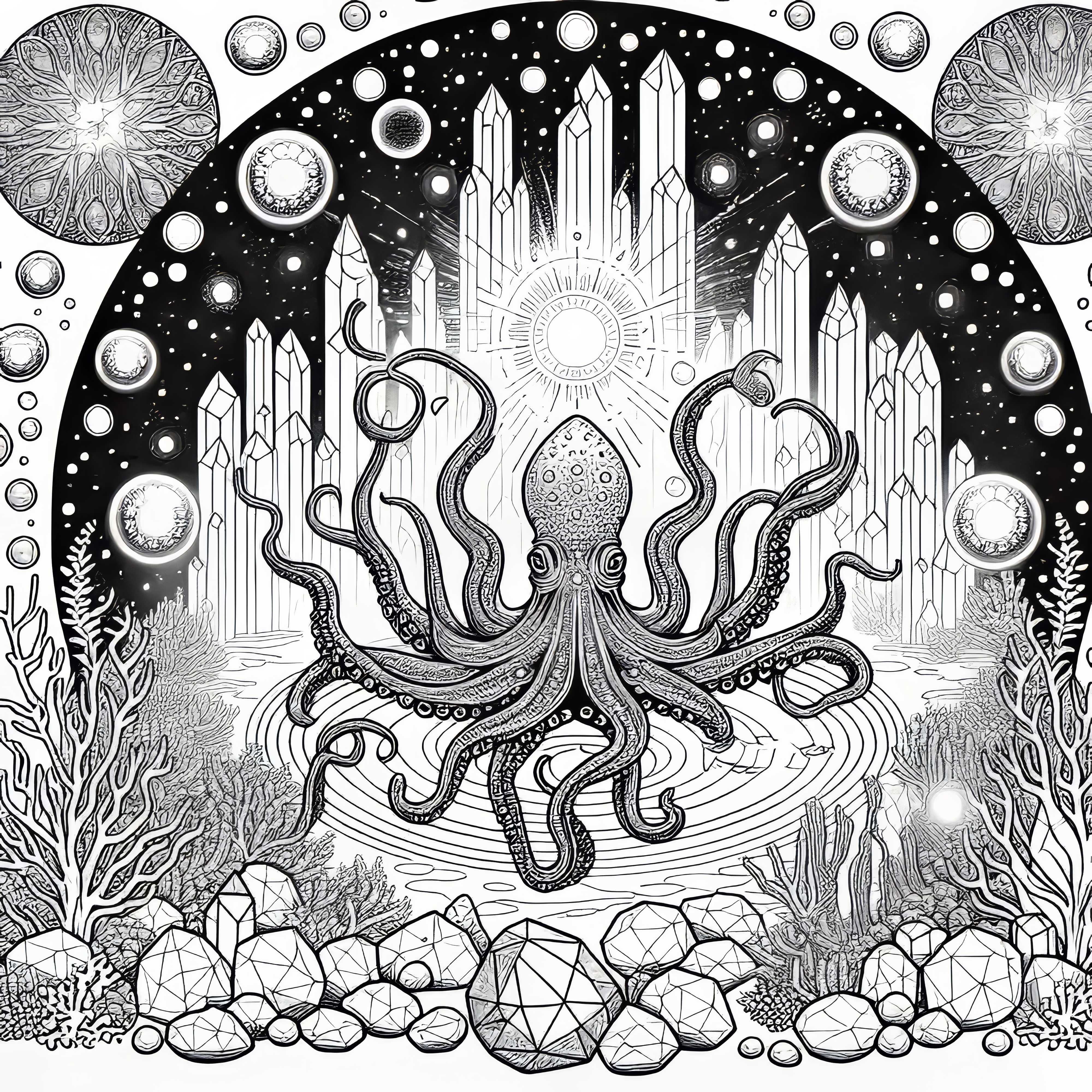 Unterwasserstadt mit Krakenorakel, das in einem Kreis aus leuchtenden ...