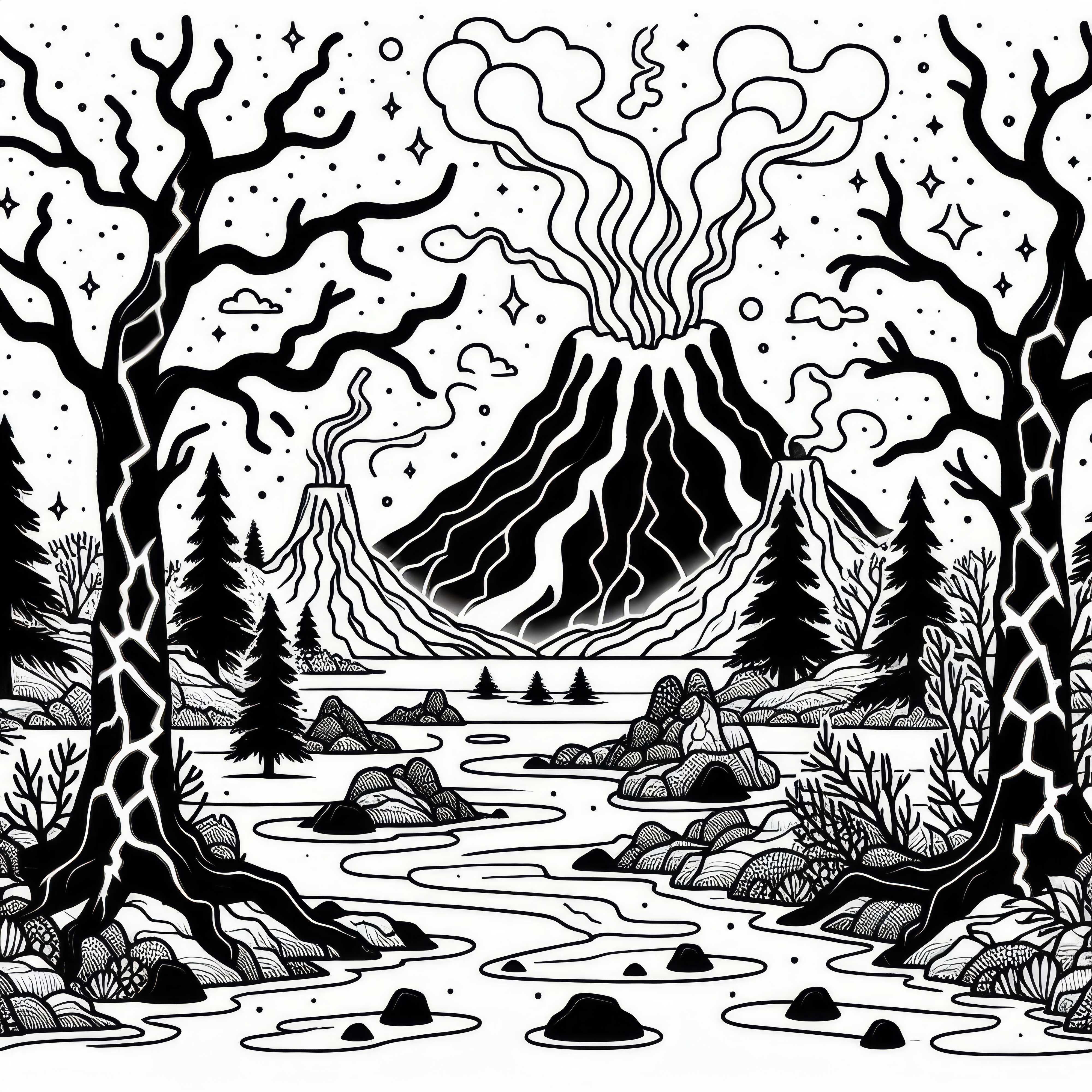 Volcanic landscape with black trees and glowing cracks at the lava lake ...