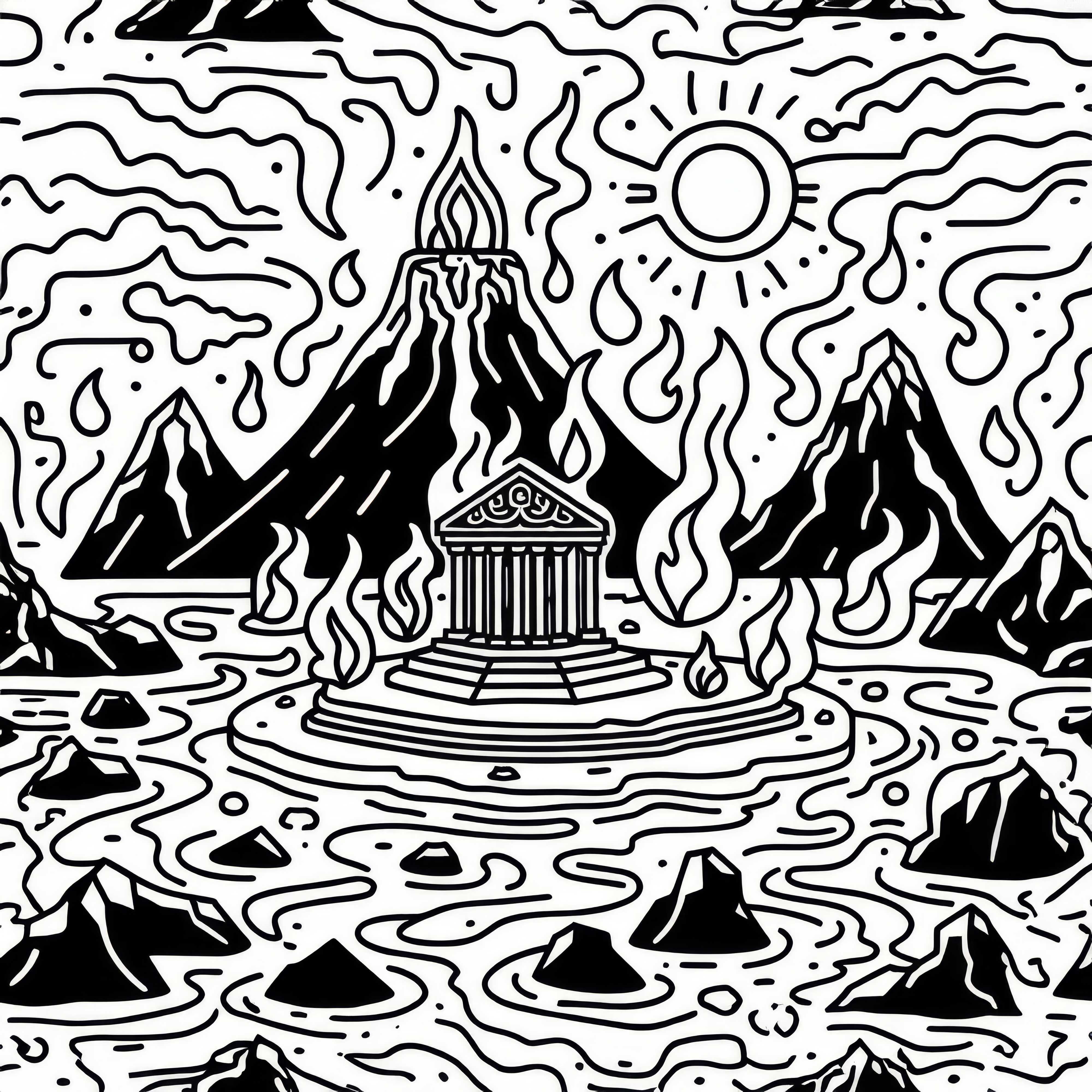 Volcanic landscape with temple made of obsidian on an island in the ...