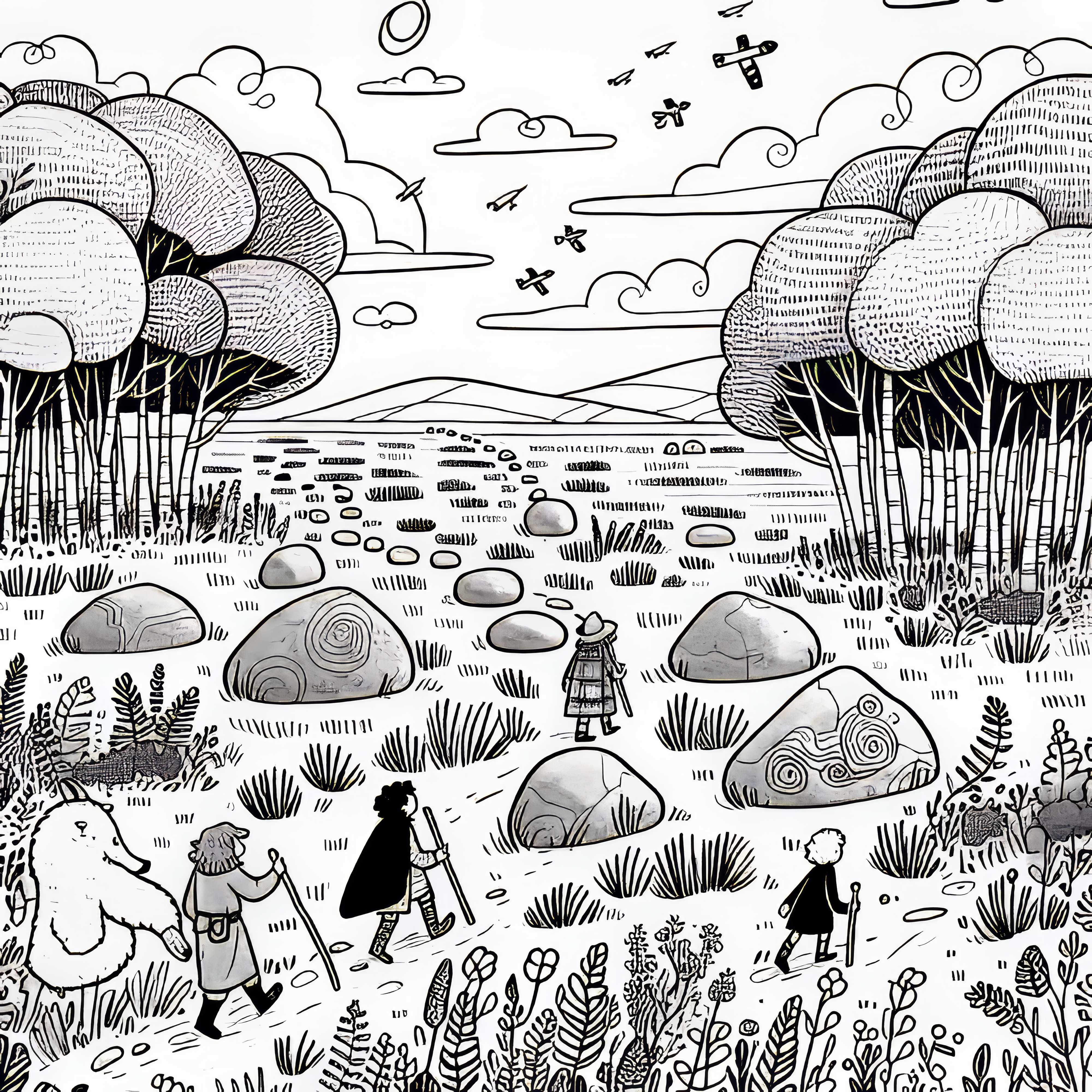 Moorlandschaft mit Kindern folgt einem Pfad aus Steinen durch das Moor ...