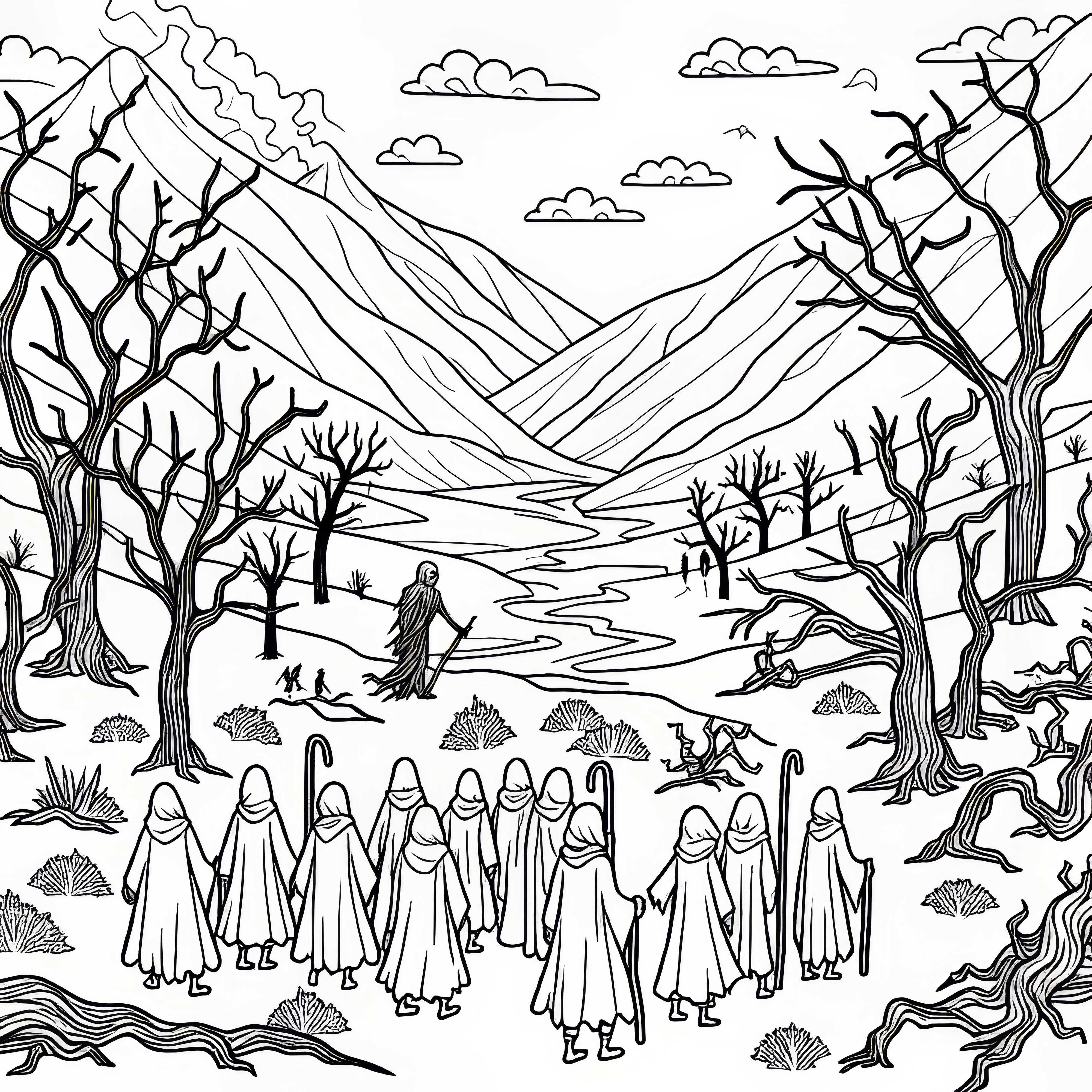 Døde landskap barn vandrer gjennom stille dal gratis fargelegging