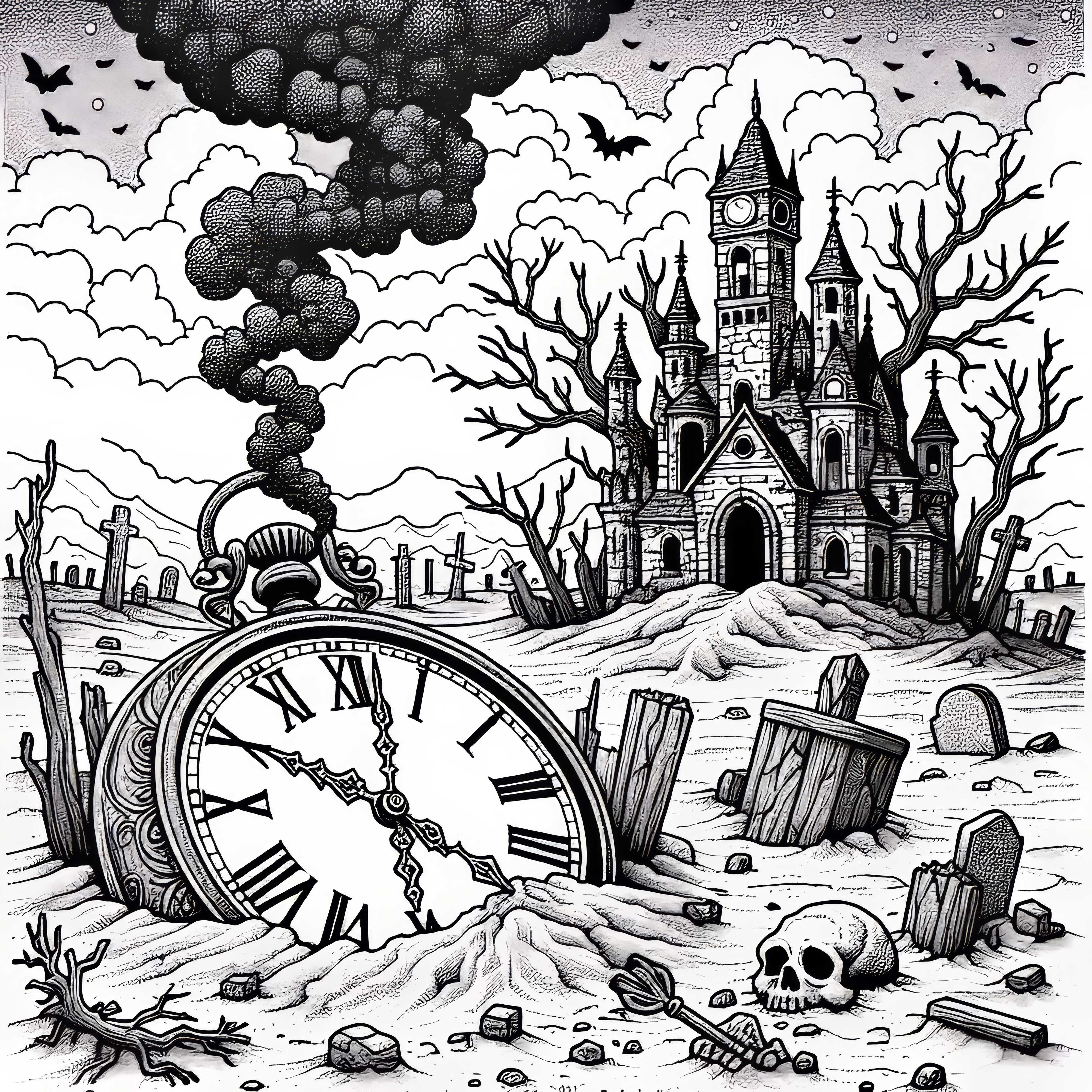 Tote Landschaft mit Uhr, halb vergraben im Ascheboden – Malvorlage ...