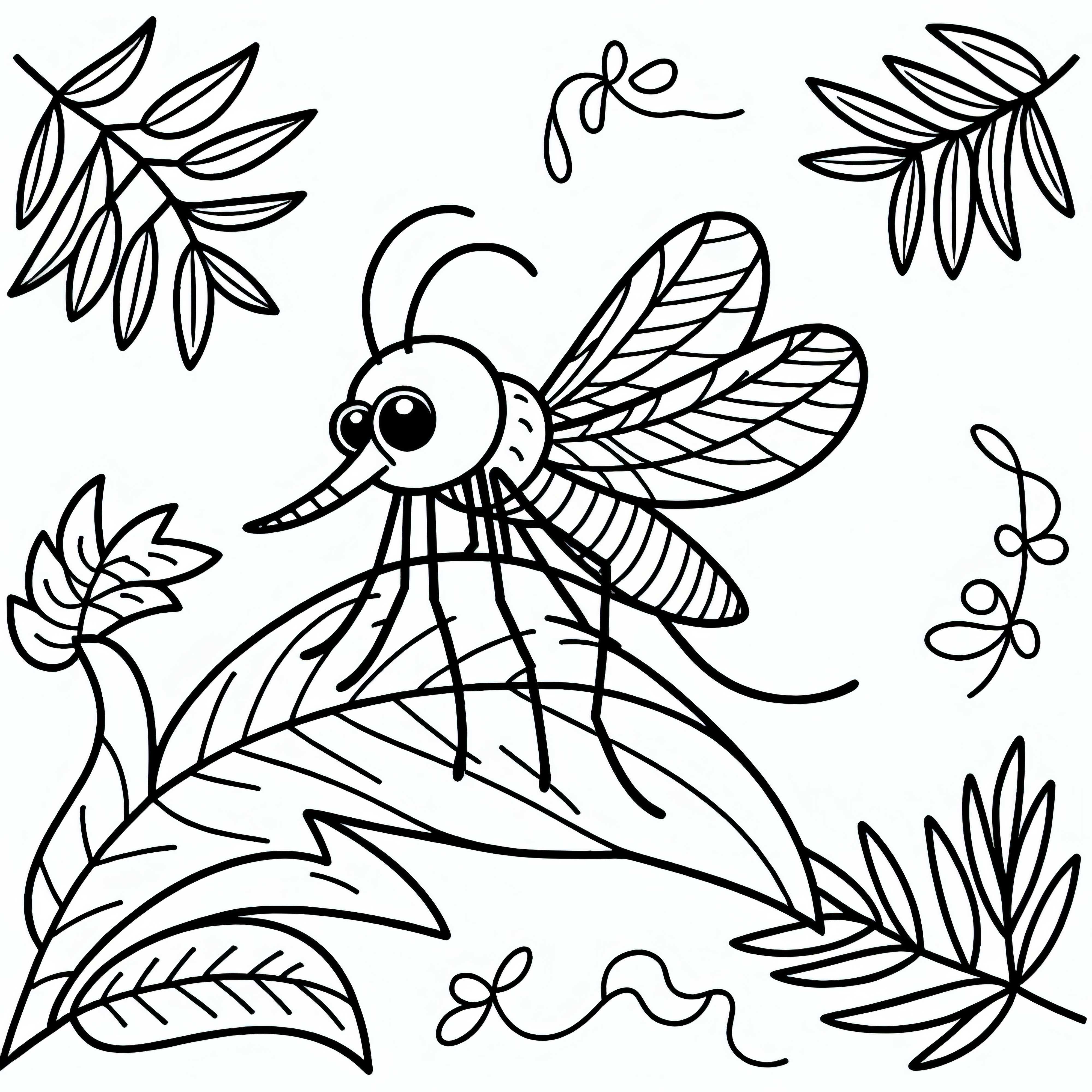 Nyamuk duduk di daun: Contoh gambar untuk diwarnai yang sederhana (Gratis)