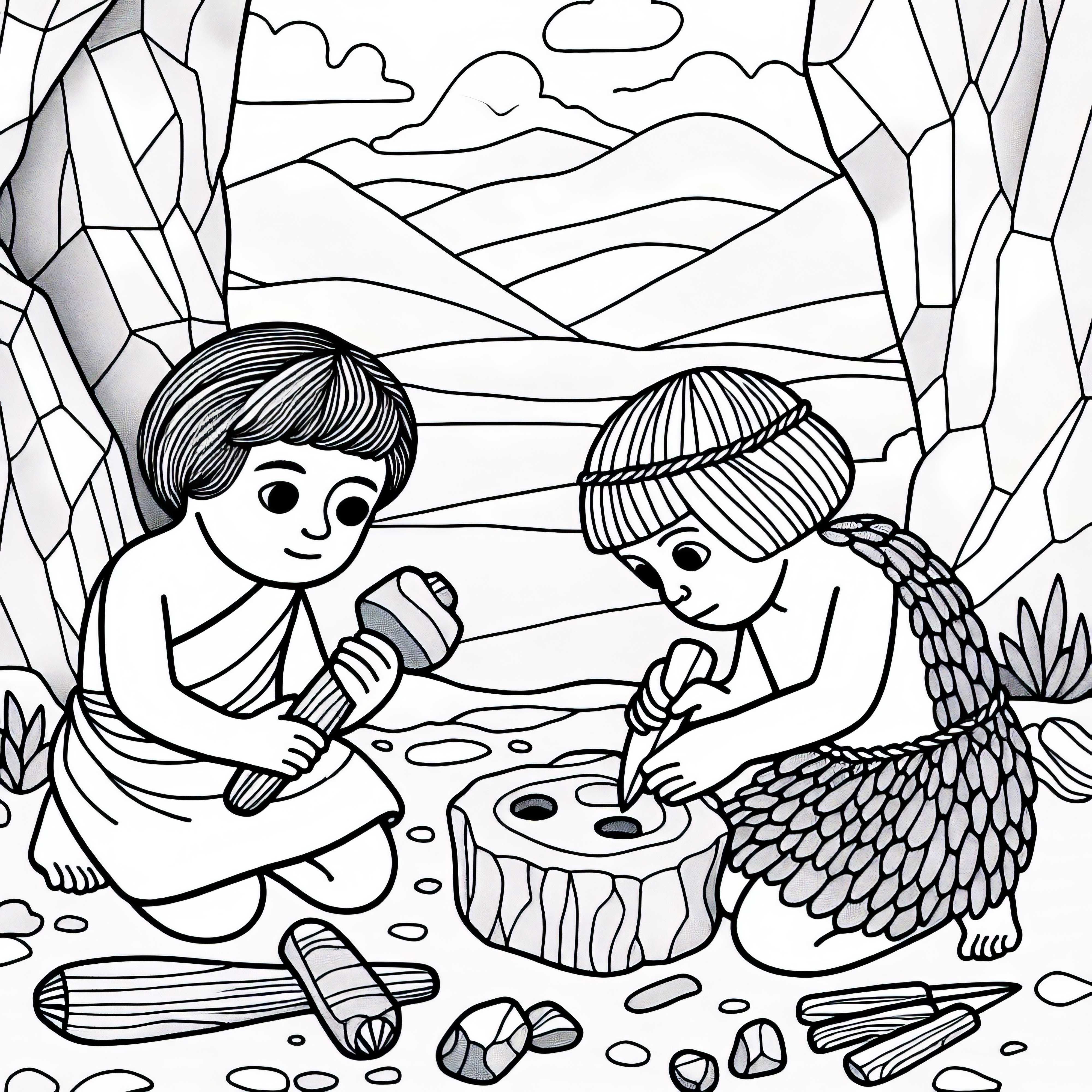 Two children of prehistoric times carve tools out of stone