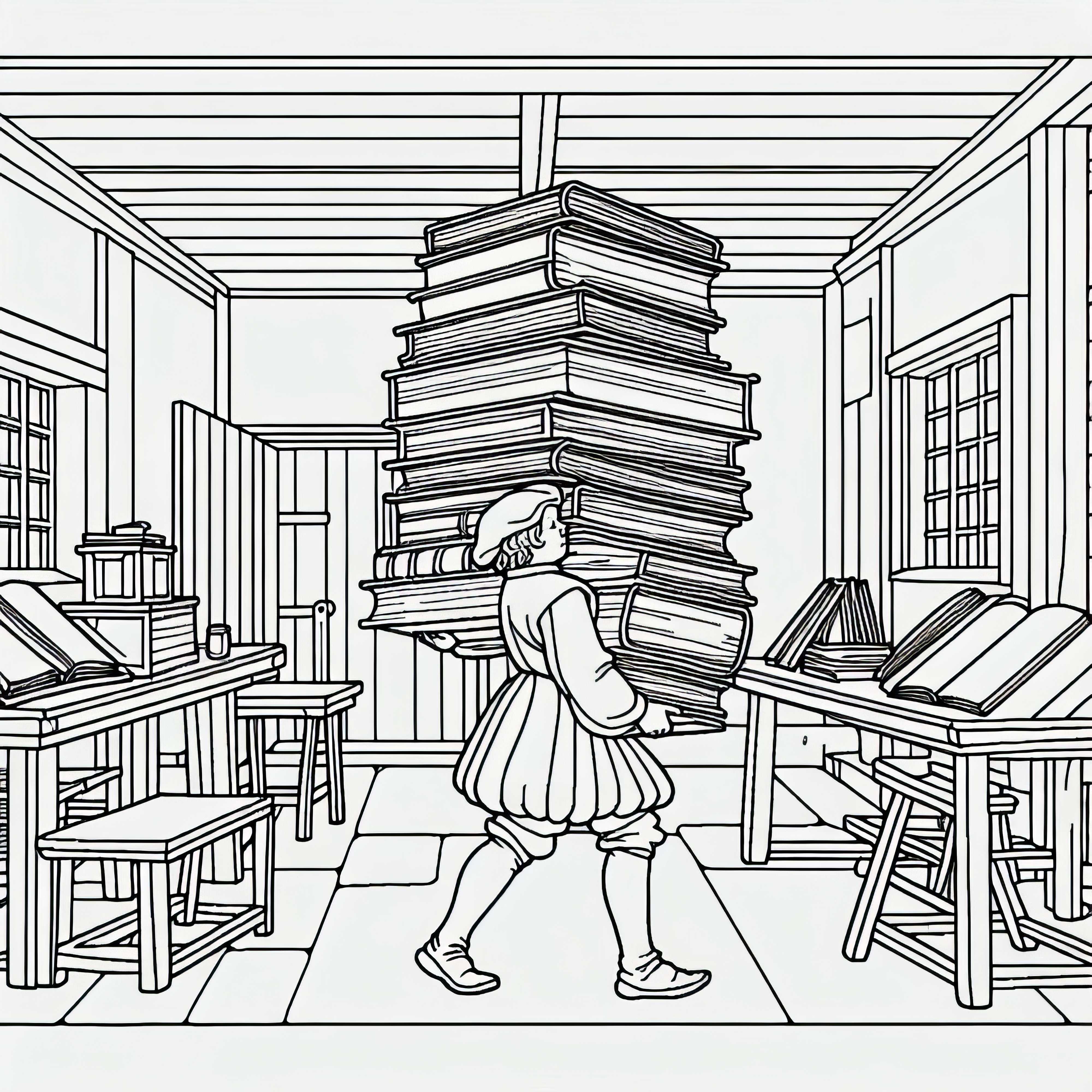 Child carrying a stack of books in workshop coloring page Renaissance free