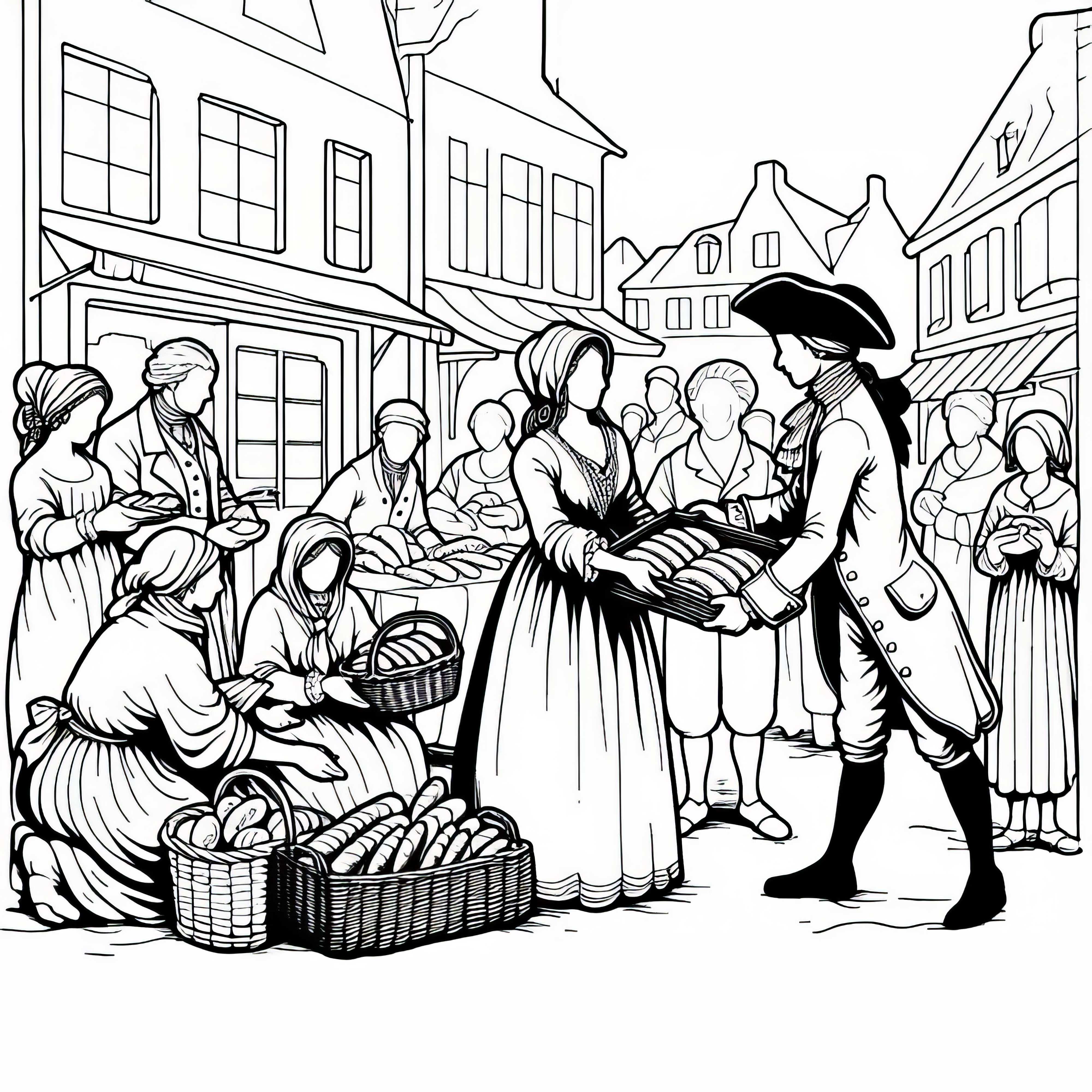 Perhe jakaa leipää ihmisille torilla – Värityskuva Ranskan ...