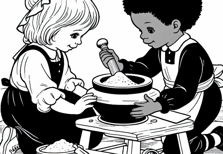 Children help clean the wooden porch with brooms and buckets - Colonial ...