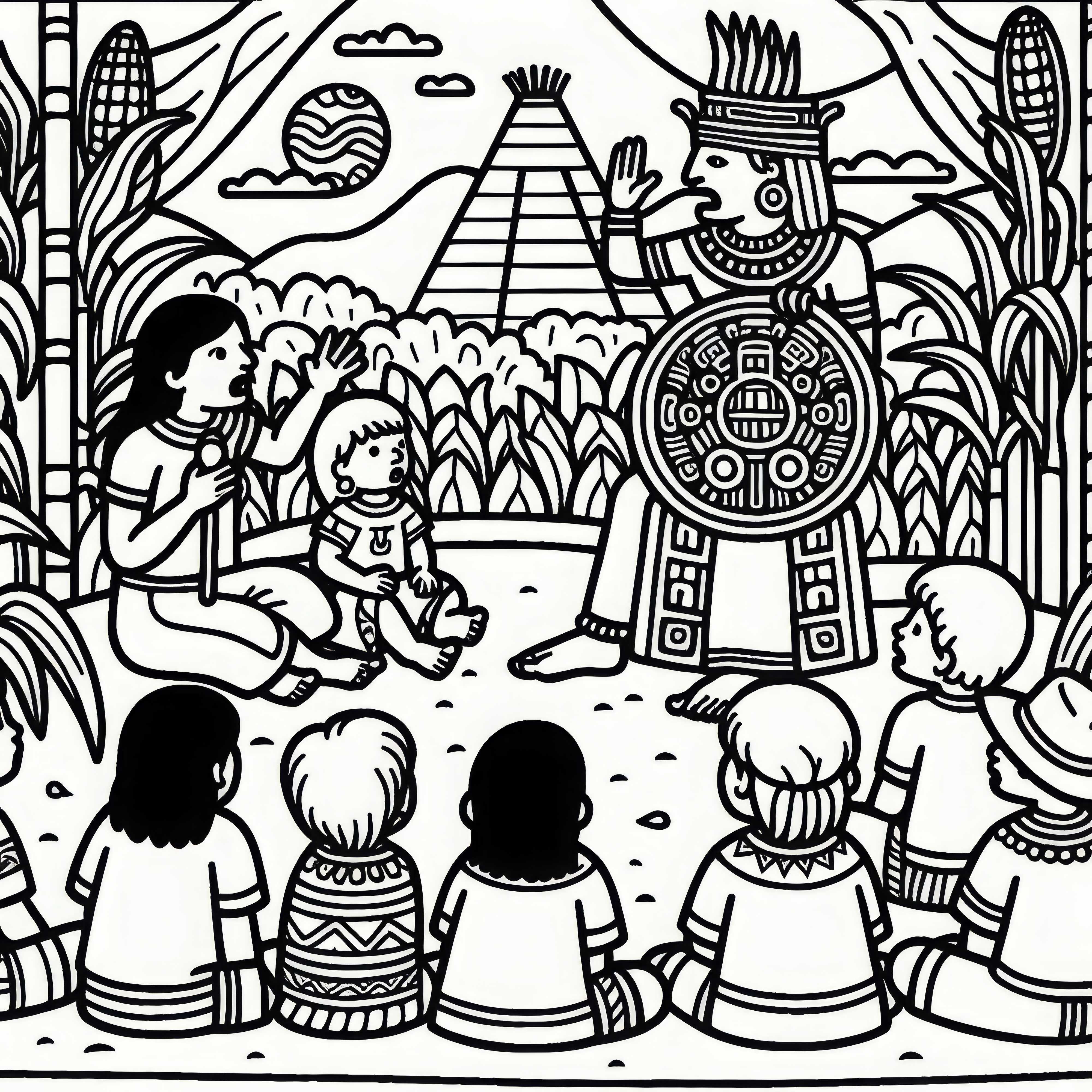 Children hear stories about the corn god - free coloring page Maya