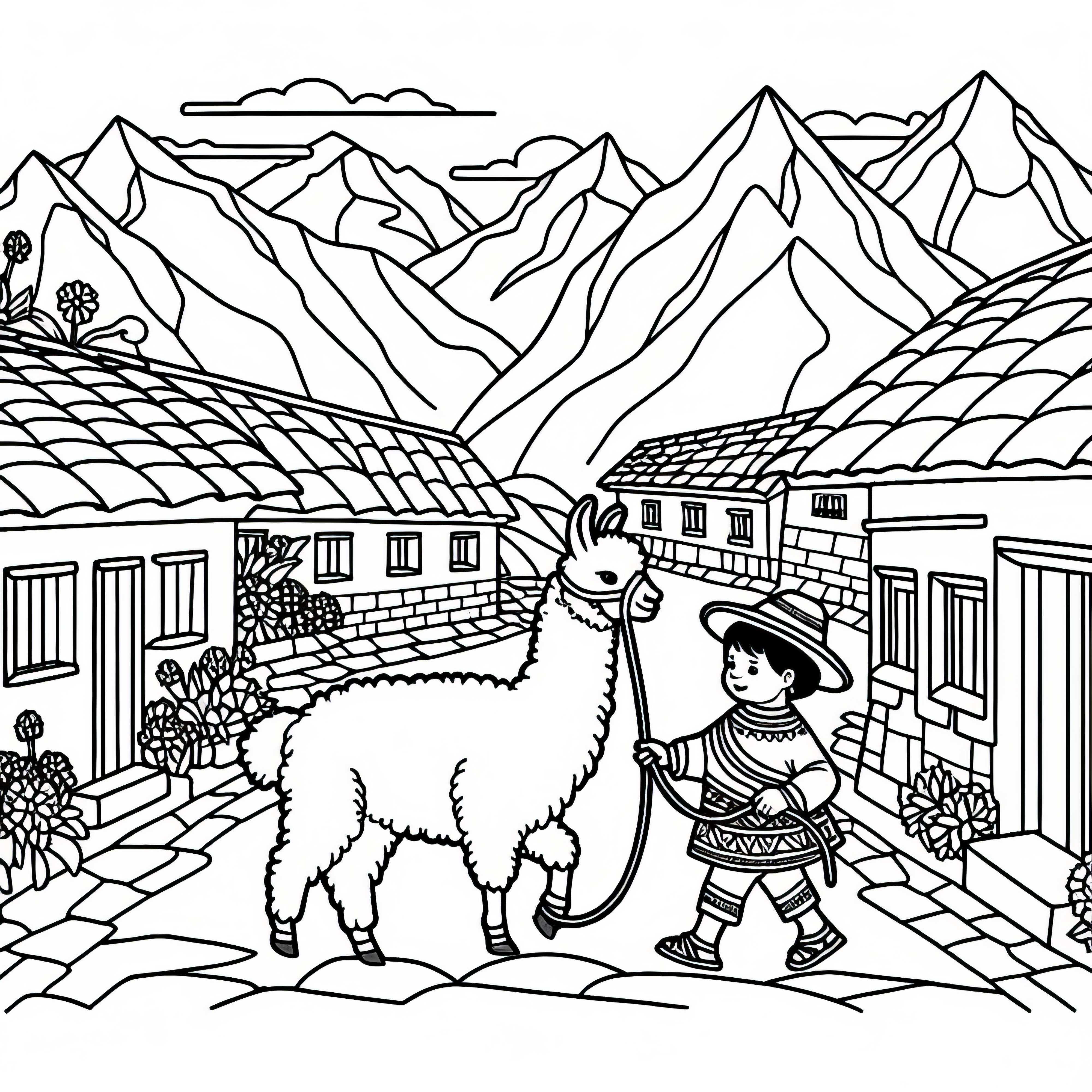 Child leads llama through mountain village – Free download coloring ...