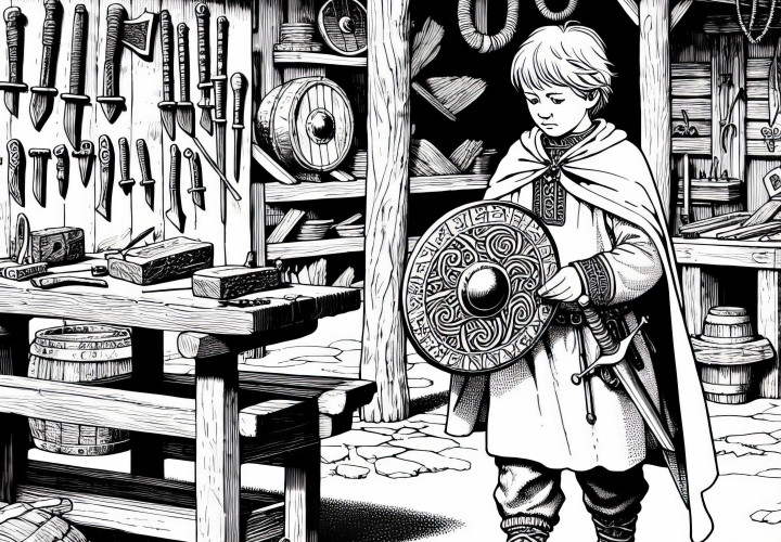 Kind trägt Schild mit Runen zur Werkstatt – Malvorlage Wikingerentdeckungen gratis