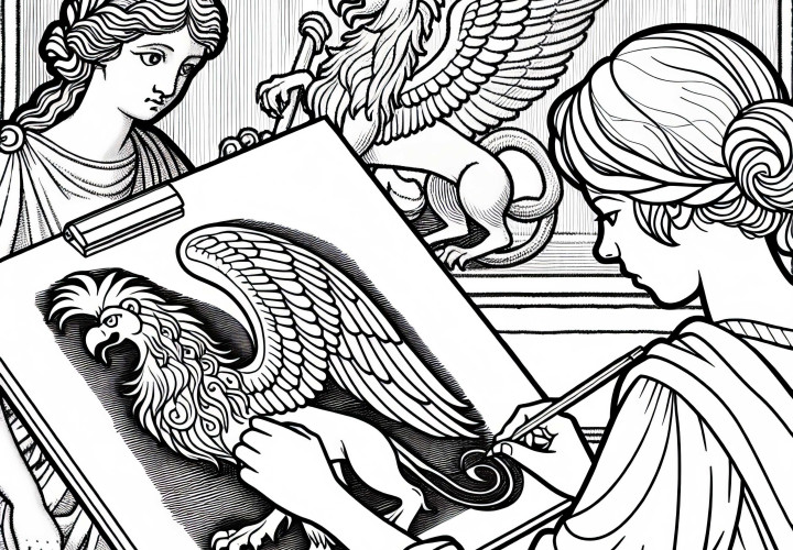 Menina desenha modelo para colorir de mitologia romana grátis