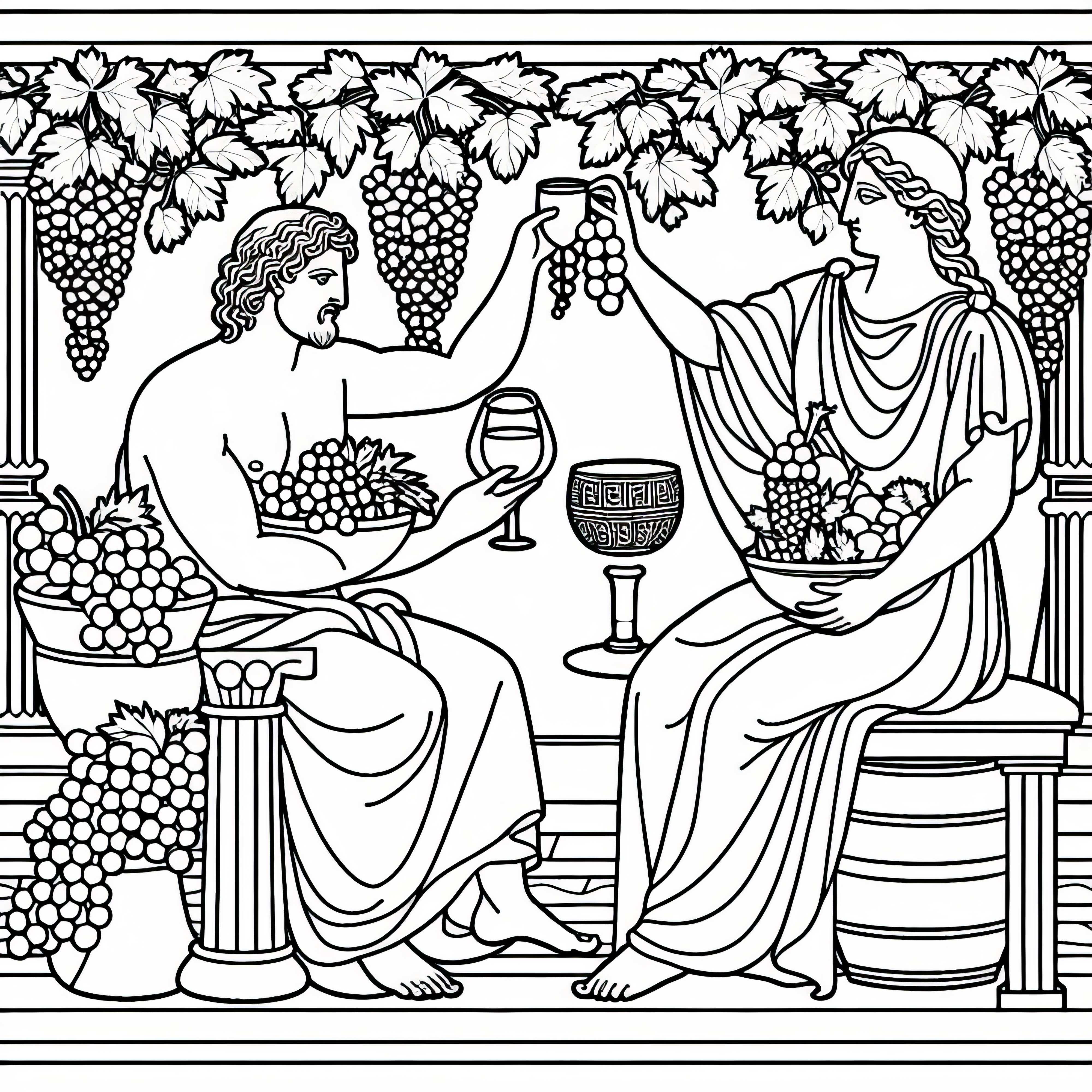 Dionysos mit Weintrauben und Becher - Malvorlage zur griechischen Mythologie