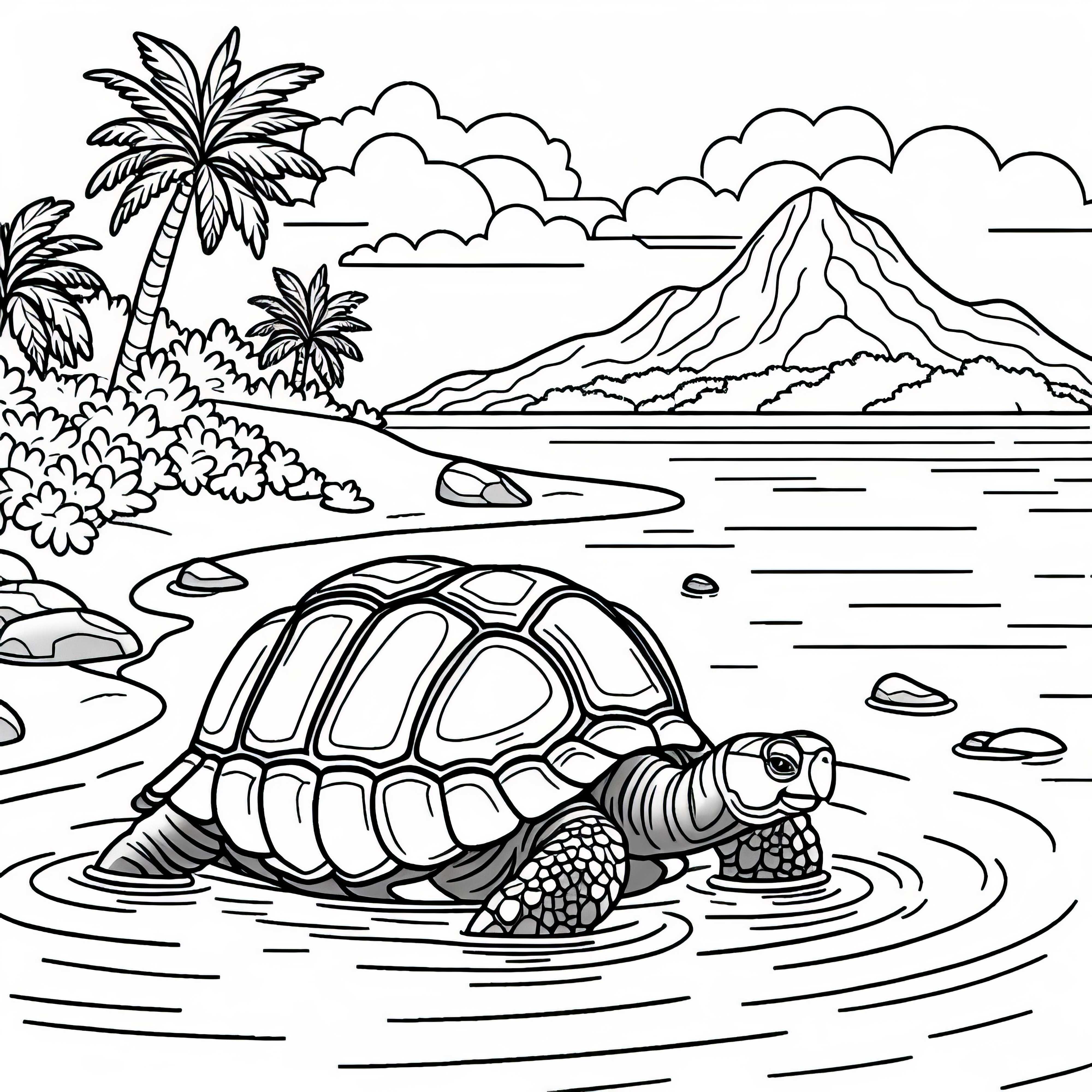 Turtle crawls in the water by an island - free coloring page