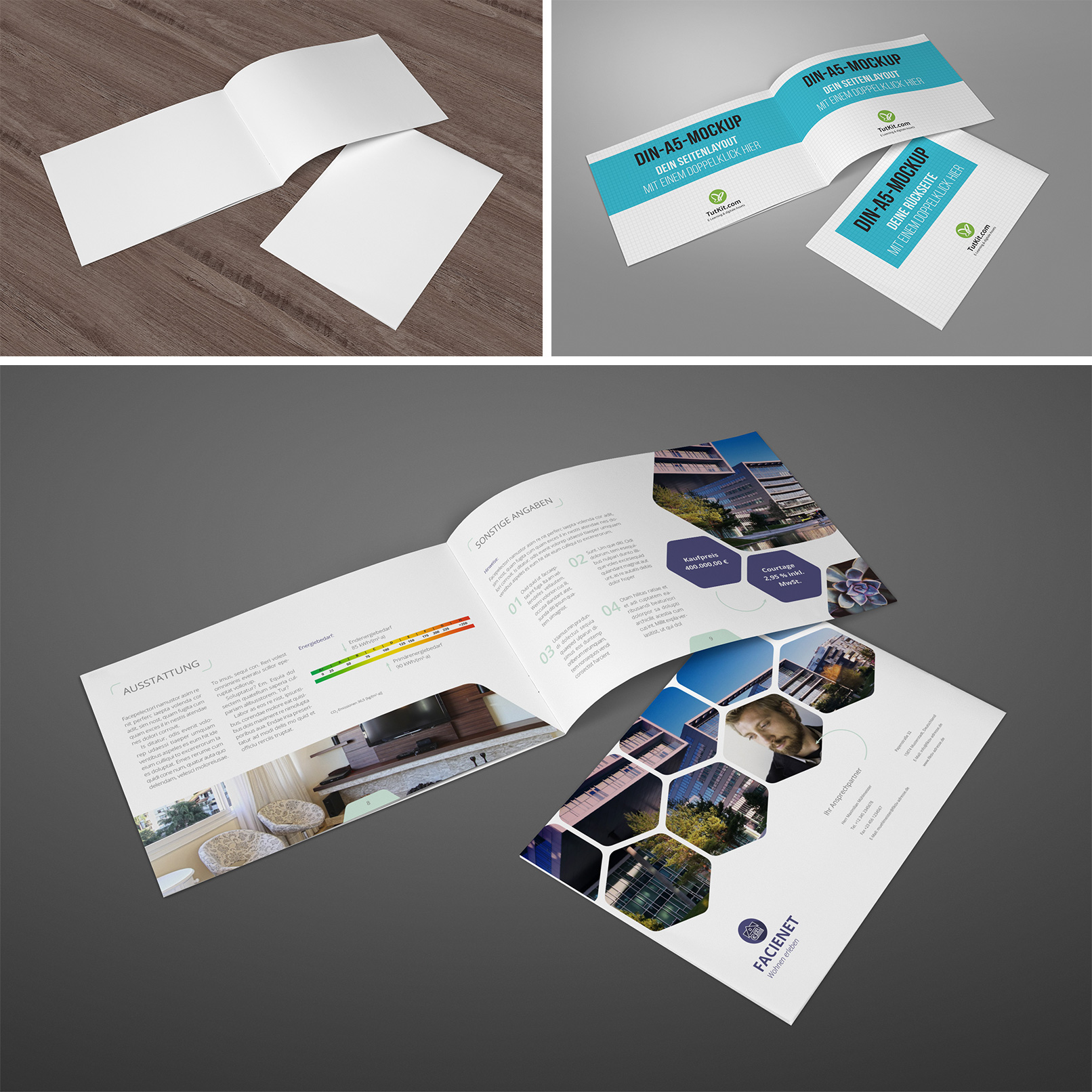 Mockups für Broschüren im A5-Querformat