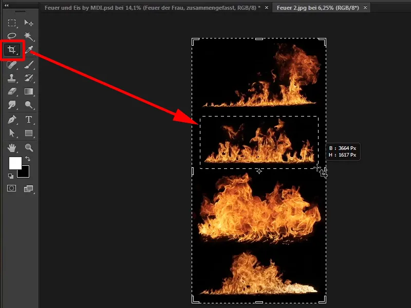 Photoshop composing fire & ice: placing real fire