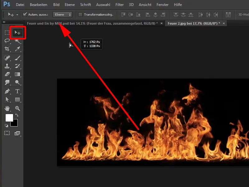 Photoshop composing fire & ice: placing real fire