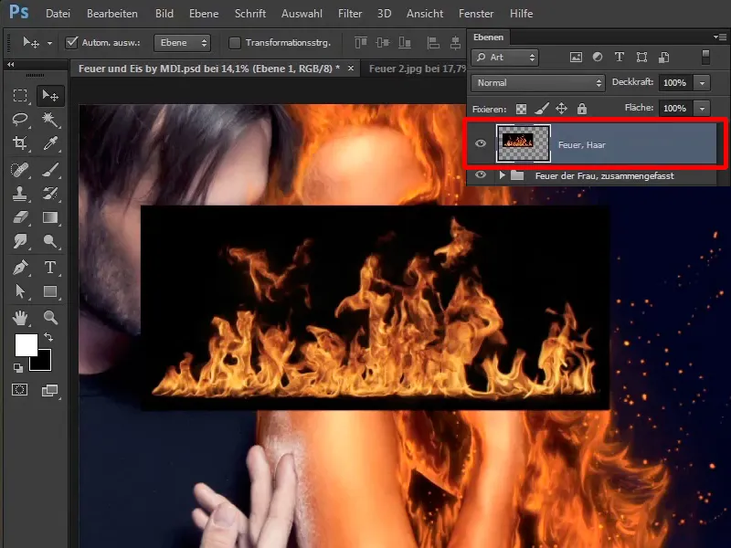 Photoshop composing fire & ice: placing real fire