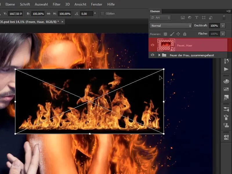 Photoshop composing fire & ice: placing real fire