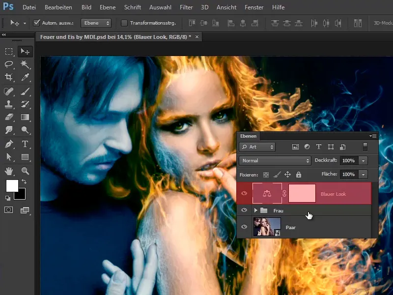 Photoshop-Composing Api & Es: tampilan yang dingin