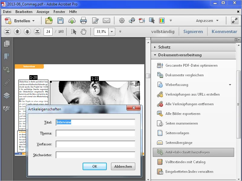 Define article sections and reading direction with Acrobat