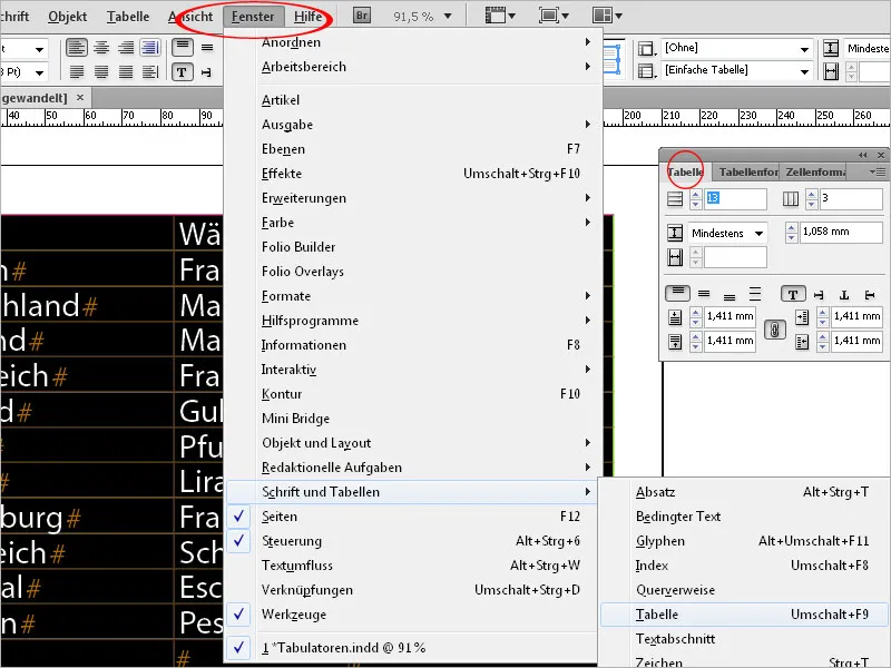 Using tabulators and tables in Adobe InDesign