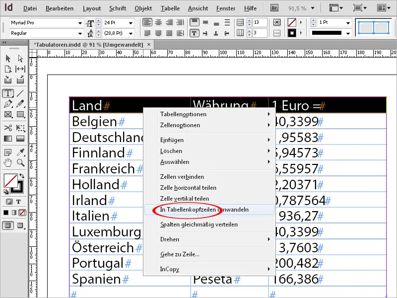 Using tabulators and tables in Adobe InDesign