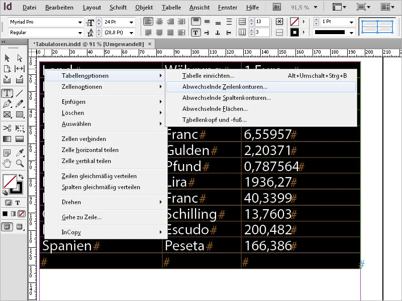 Using tabulators and tables in Adobe InDesign