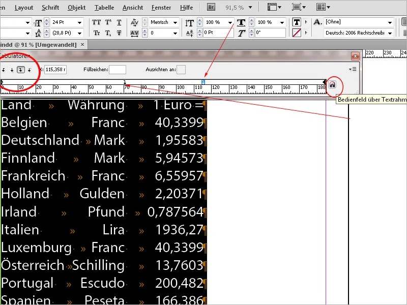 Using tabulators and tables in Adobe InDesign