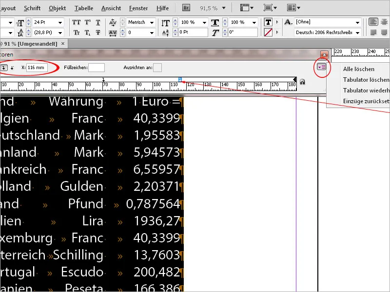 Using tabulators and tables in Adobe InDesign