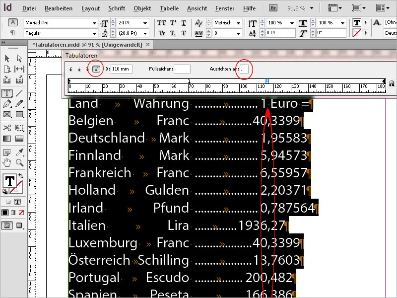 Using tabulators and tables in Adobe InDesign