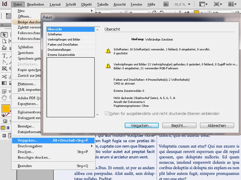 Preflight check and document preparation in Adobe InDesign